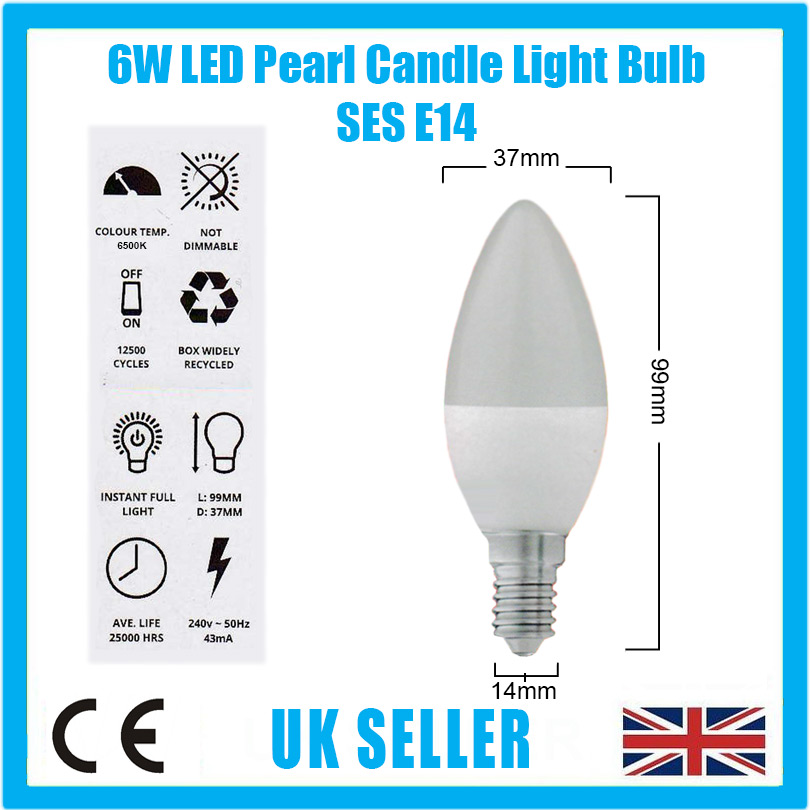 6x 6W (=40W) LED Pearl 6500K Daylight White SES E14 Candle Light Bulb ...